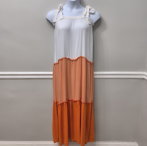 Bindu | Dresses | Bindu Colorblock Orange White Tiered Maxi Dress Sz ...